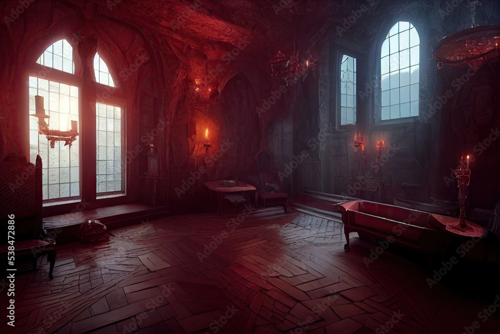 An antique vampire castle is set in an elegant Victorian living room ...