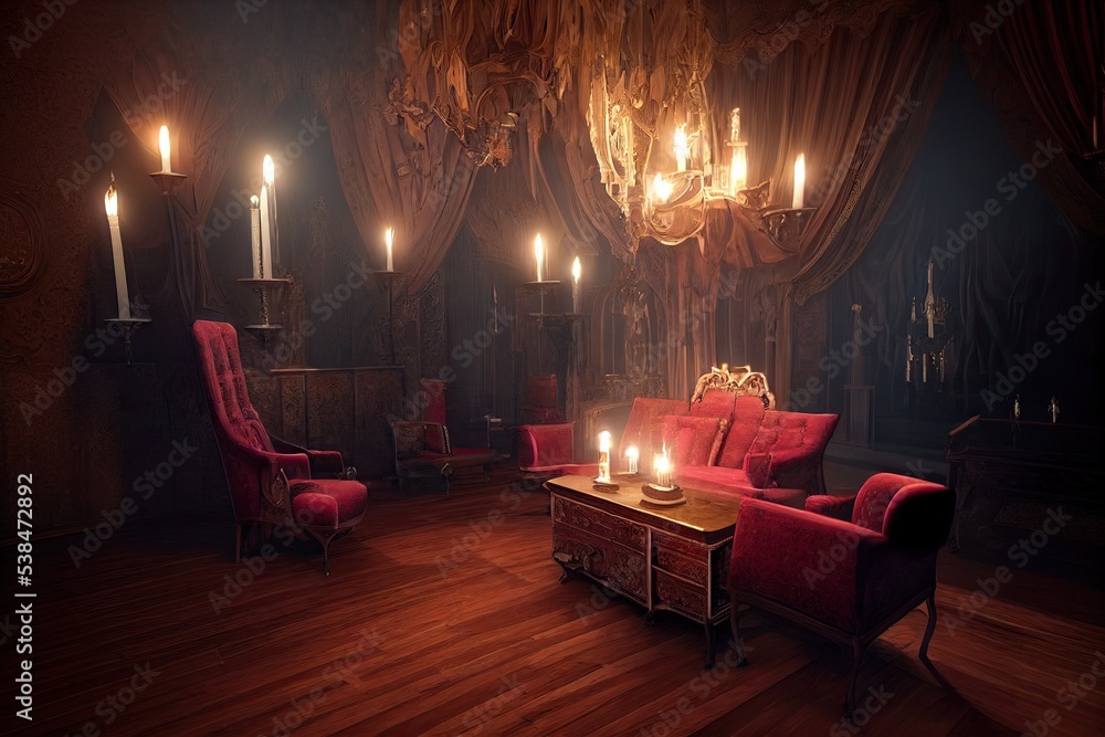 Gothic atmosphere inside of an ancient vampire castle living room with ...
