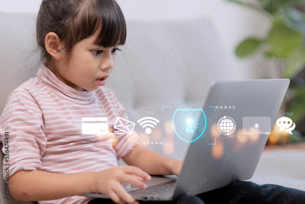 Child safety online. Little girl using laptop at home. icon of internet ...