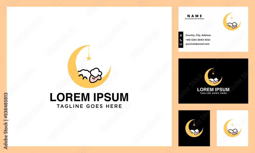 cute little lamb logo sleeping on the moon and business card Stock ...