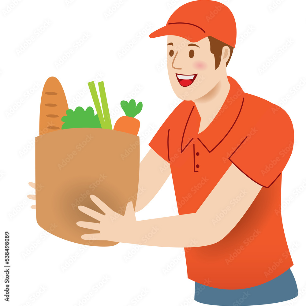 Fast delivery man in orange uniform carrying food to deliver to ...