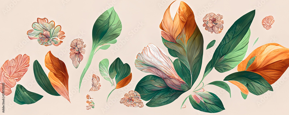 Spectacular pastel template of flower designs with leaves and petals ...