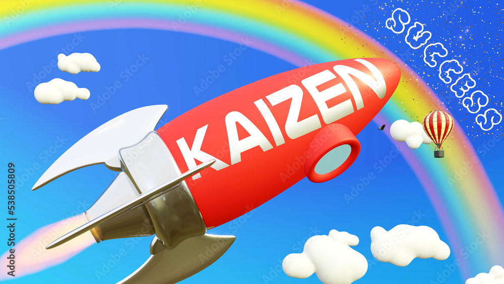 Kaizen lead to achieving success in business and life. Cartoon rocket ...