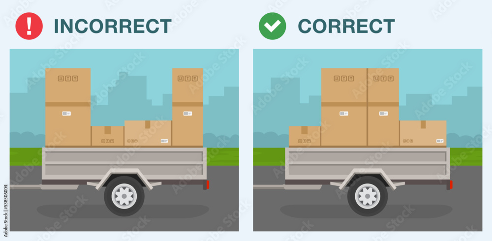 Safe driving tips. Car with load on a vehicle trailer. Correct and ...