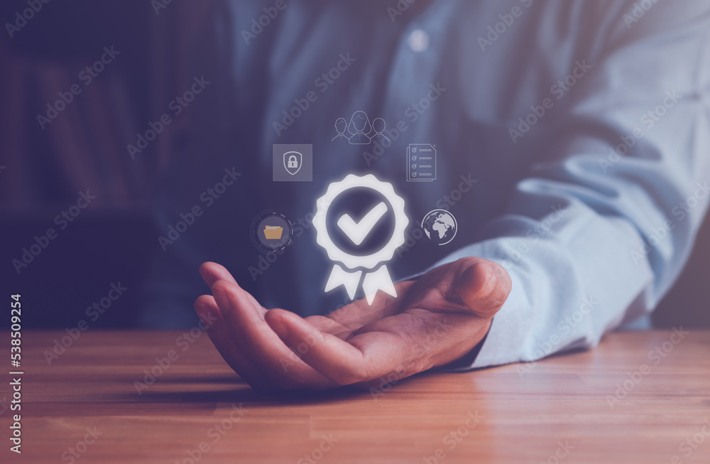 Person shows or get ISO certification standard award in virtual ...