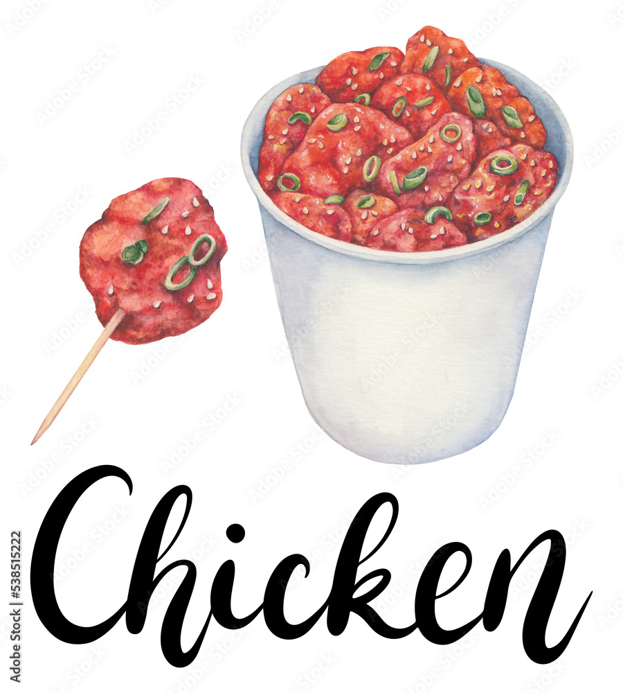 Watercolor Illustration of stir-fried chicken marinated in sauce. Sweet ...