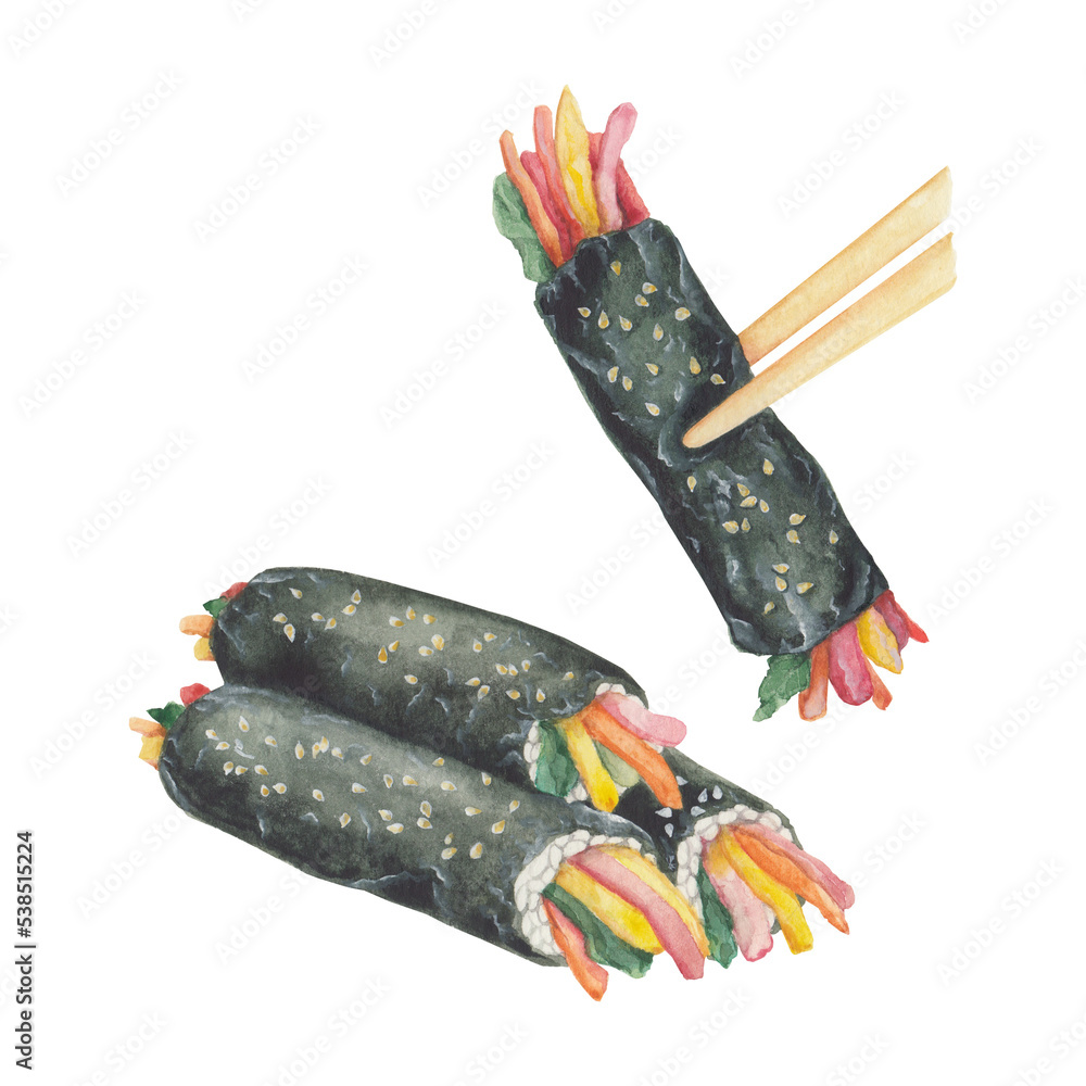 Watercolor Mayak Gimbap. Transparent Background Korean Seaweed Rice ...