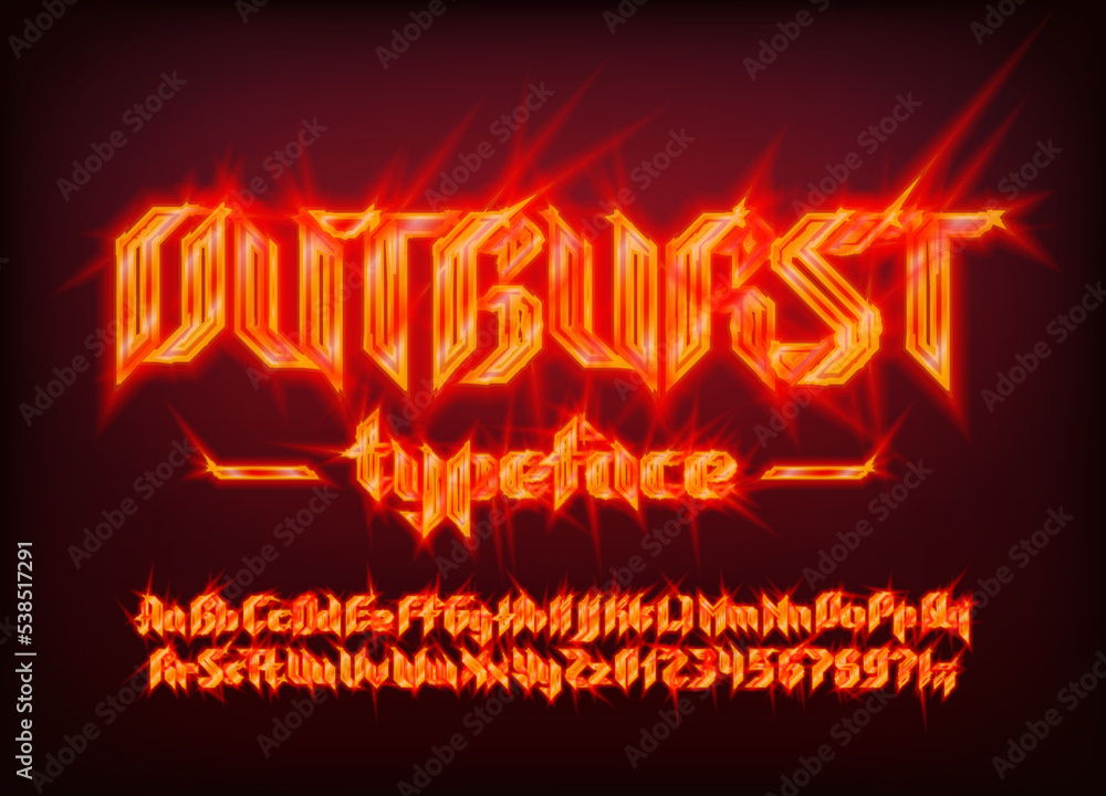 Outburst alphabet font. Electric letters and numbers in heavy metal ...
