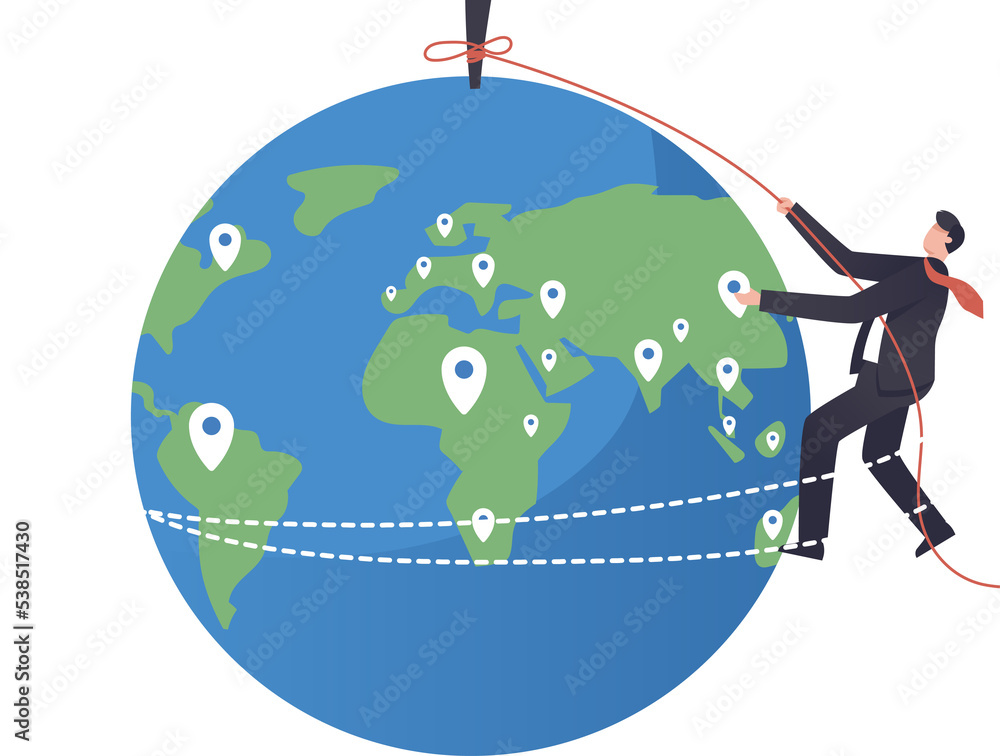 Global business expansion, Businessman put new branch pin on world map ...