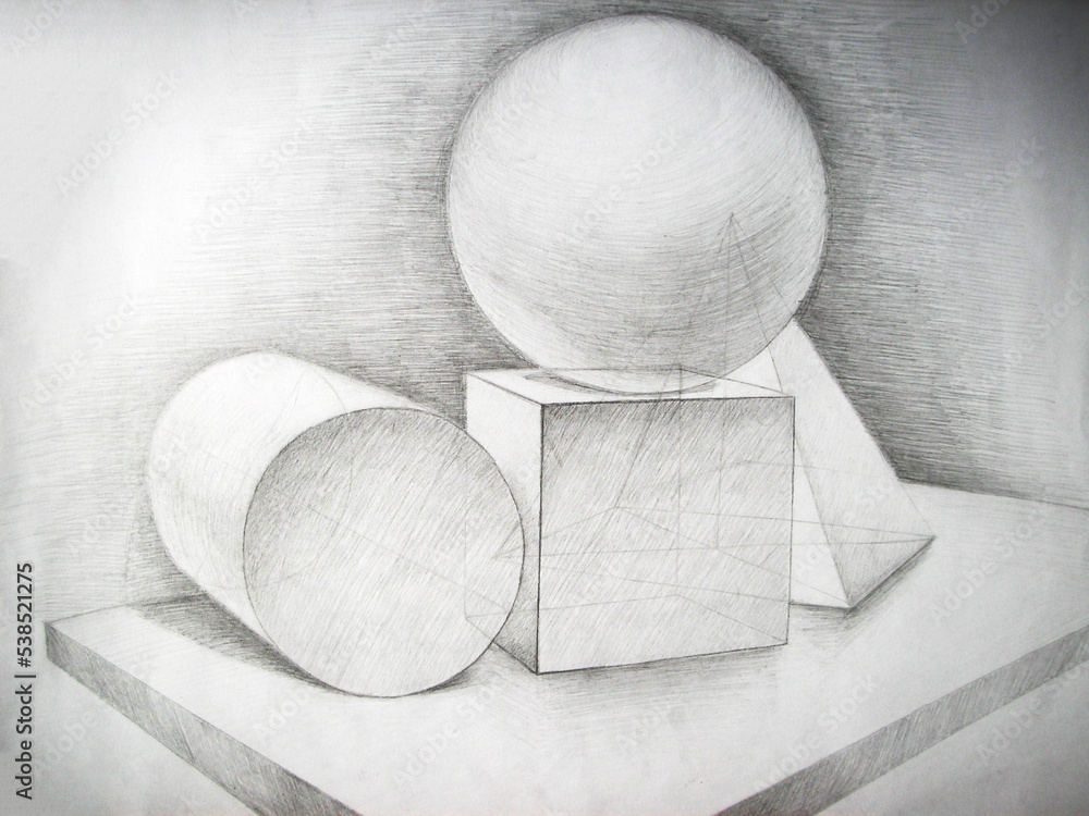 Hand drawn still life with geometric figures. Pencil on paper. Cube ...
