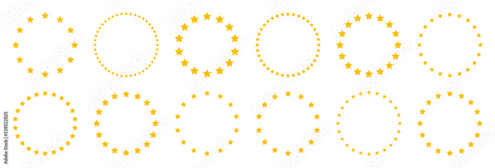 Stars of various sizes arranged in a circle. Round frame, border ...