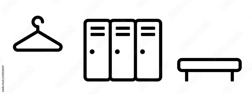 Dressing room icons represented by hangers, lockers and low sofas Stock ...