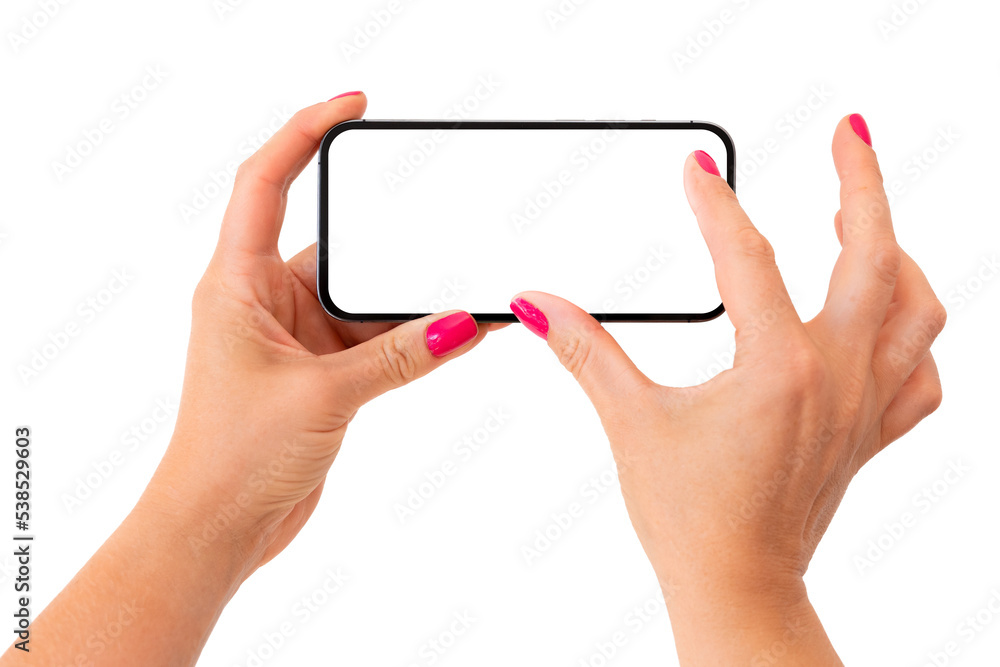 Mobile phone mockup. Person holding phone horizontally and zooming ...