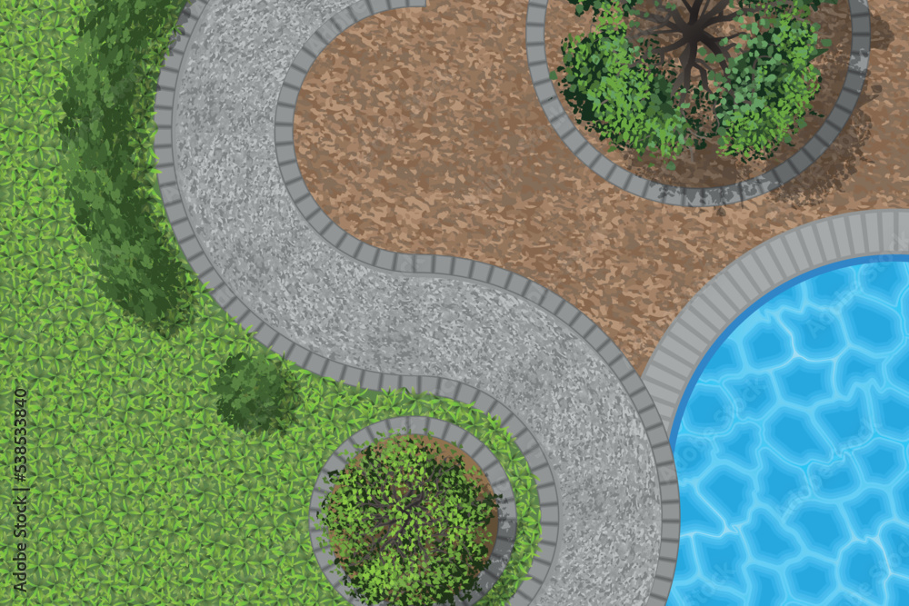 Landscaping in the garden with a path and a swimming pool. Top view ...