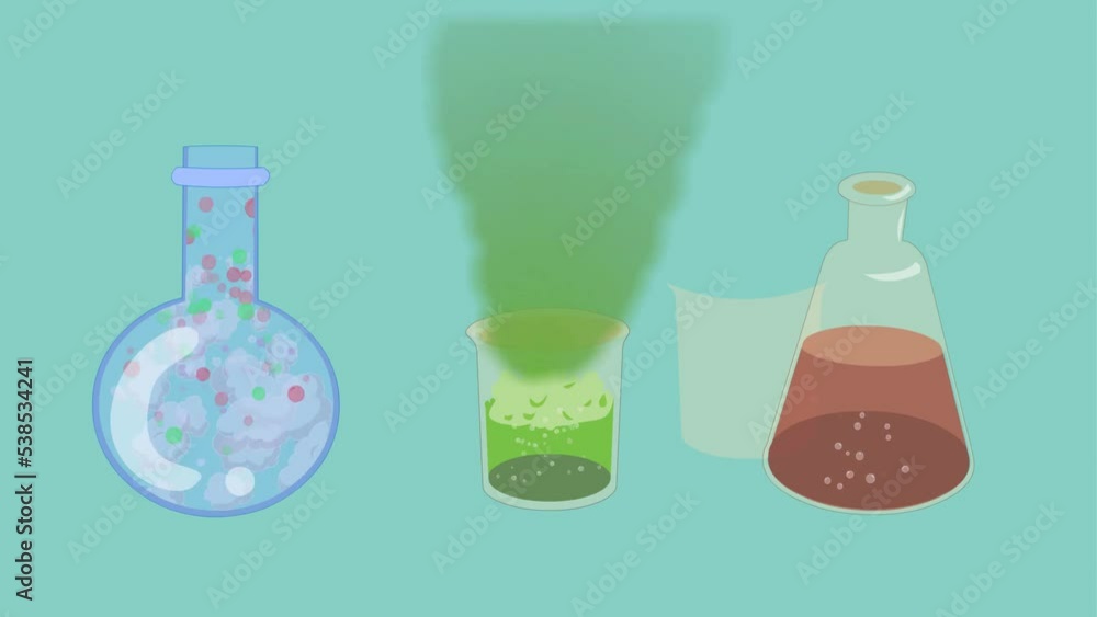 Chemicals liquid flask, tube background and 2d animation, laboratory ...