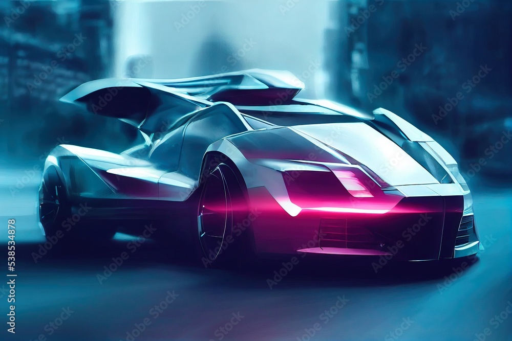 Image of a futuristic car against the backdrop of the city of the ...