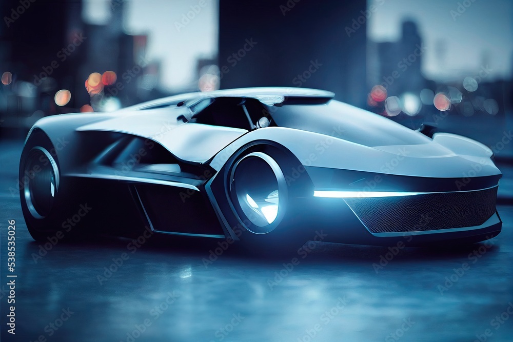 Image of a futuristic car against the backdrop of the city of the ...
