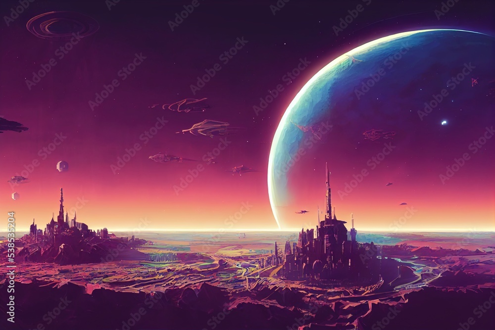 Abstract colorful alien landscape. An alien planet with a high-tech ...