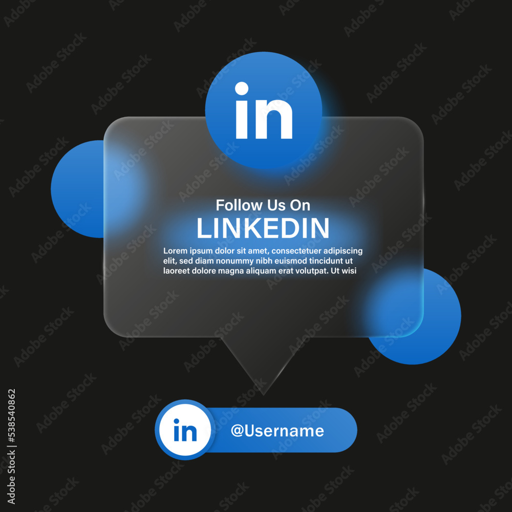 follow us on linkedin in speech bubble glassmorphism background with transparent glass ...
