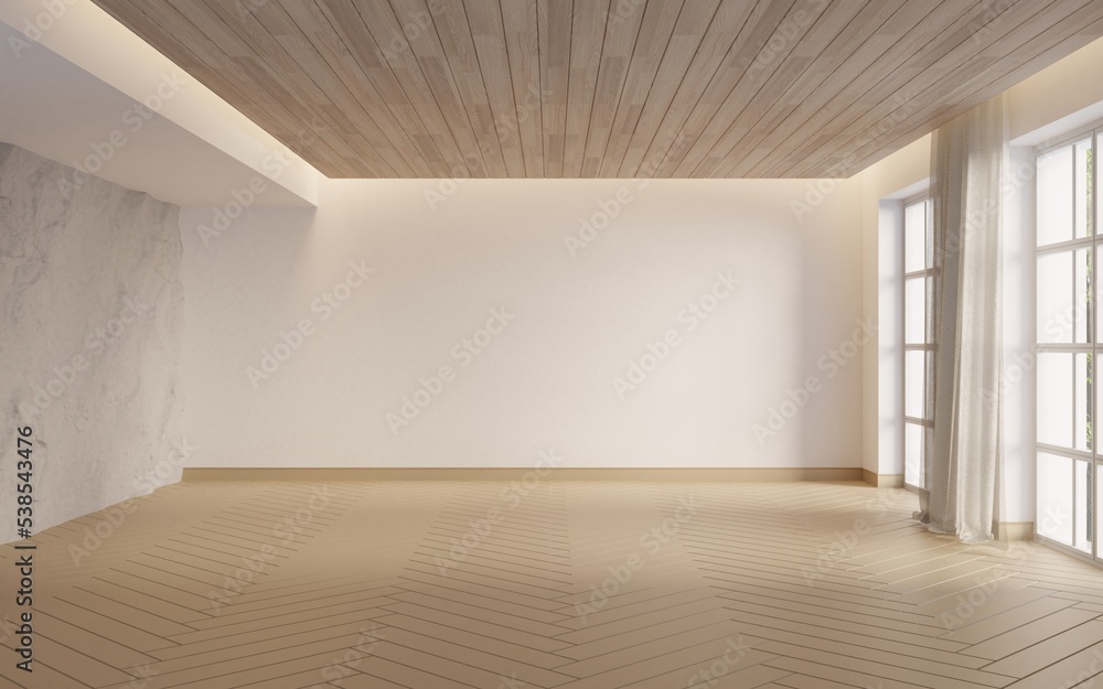 Empty minimalist living room with white concrete walls Wooden ceilings ...