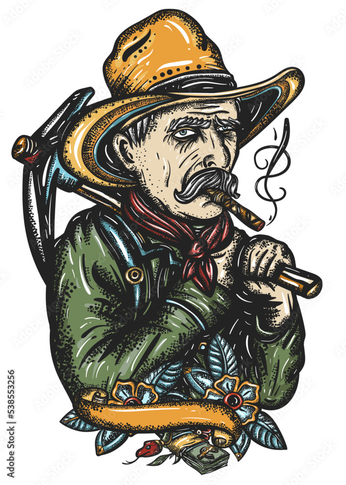 Gold digger portrait. American miner. Old school tattoo vector art ...