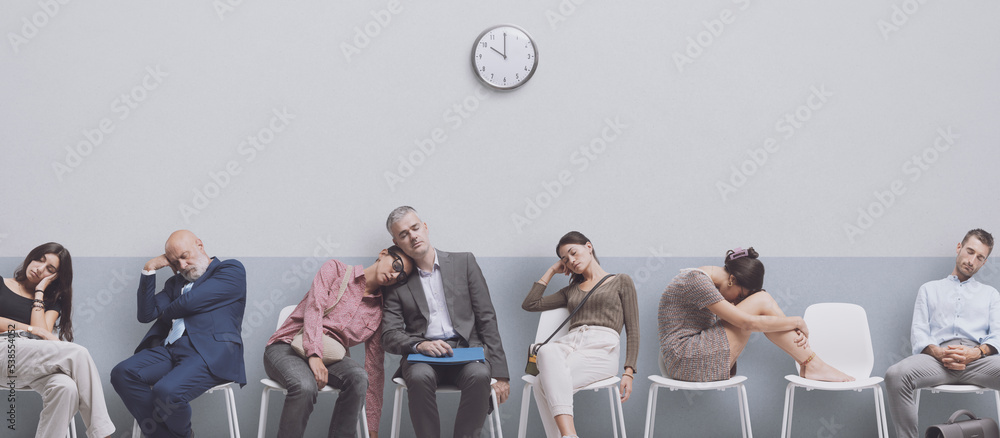 Exhausted people falling asleep in the waiting room Stock Photo | Adobe ...