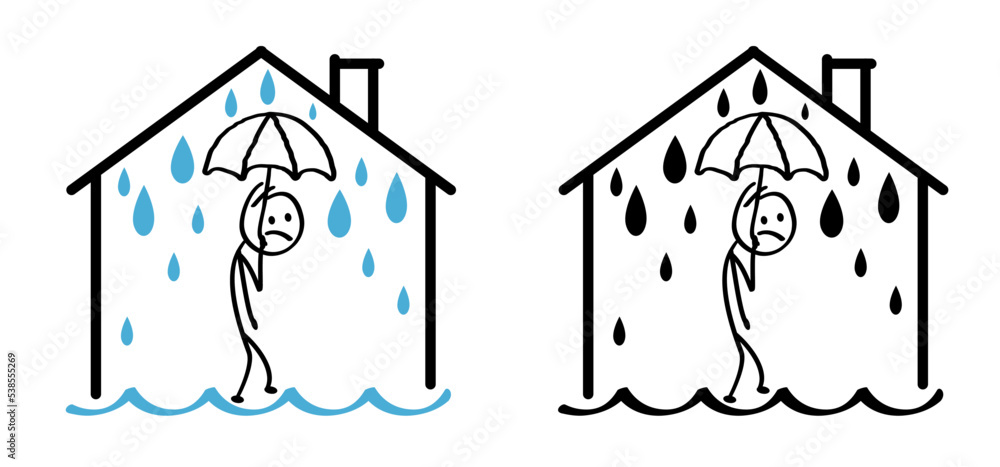 Cartoon Stickman, stick figures man in to the house. Home building ...