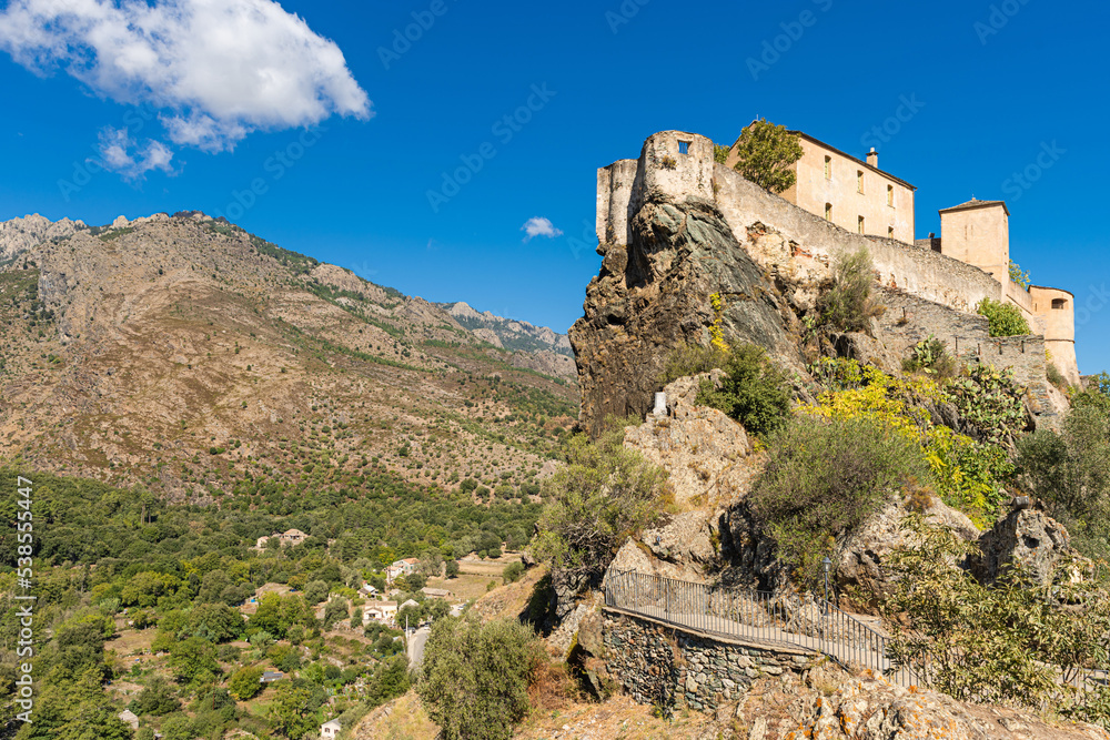 Citadel built on top of a hill in Corte town, Corsica island, France ...