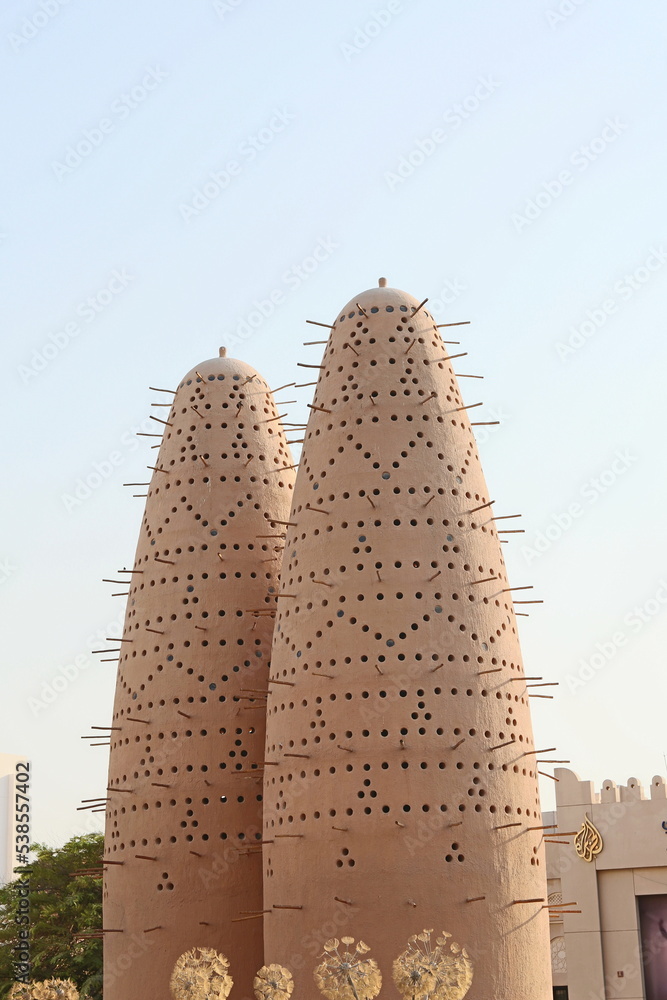 Dove towers in the Katara cultural village in Doha, Qatar Stock Photo ...