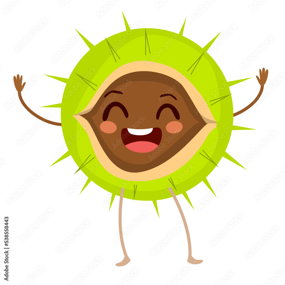 Cute raw chestnut character with happy face expression jumping. Flat ...