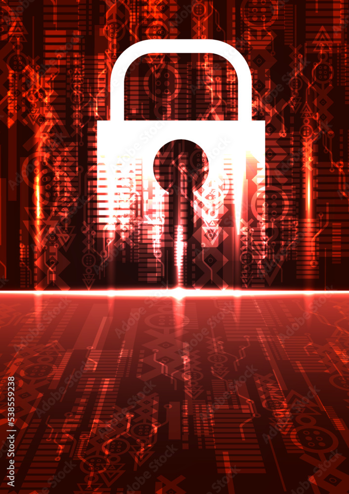 unsafe digital lock technology background with red neon caution network ...