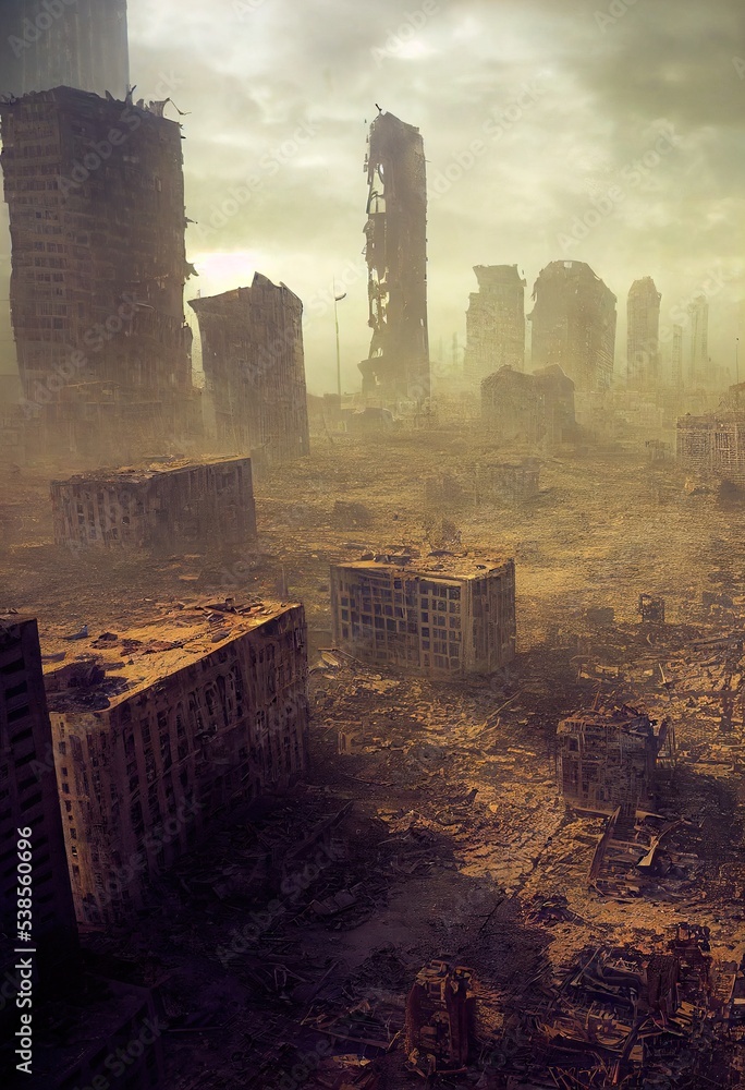 A post-apocalyptic ruined city. Destroyed buildings, destroyed roads ...