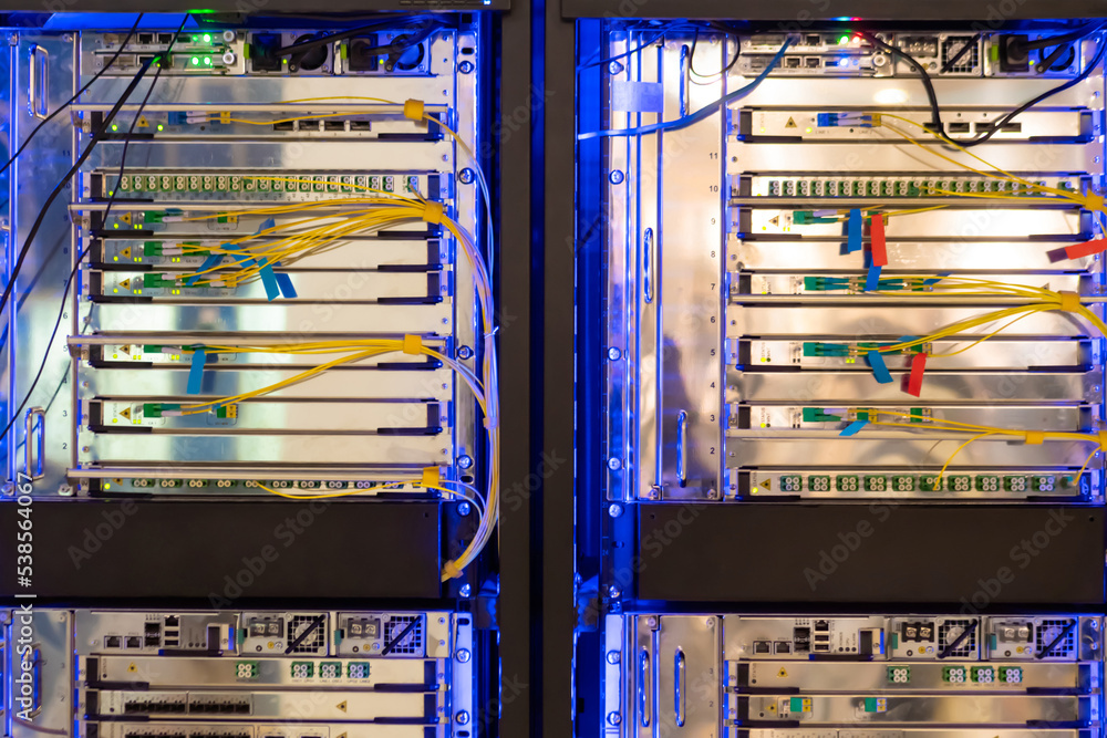 Telecommunication technology equipment - fiber optic cables and switch ...