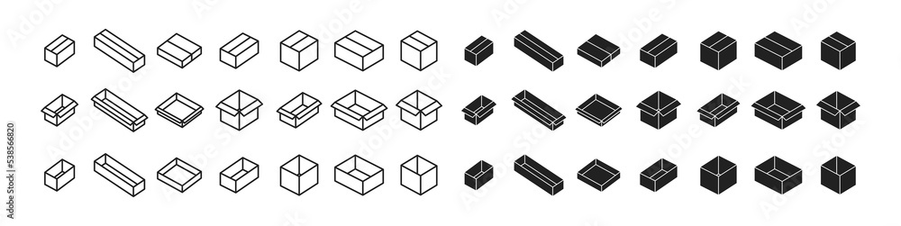 Box icon set. Open and closed, black and outline. Delivery packaking ...