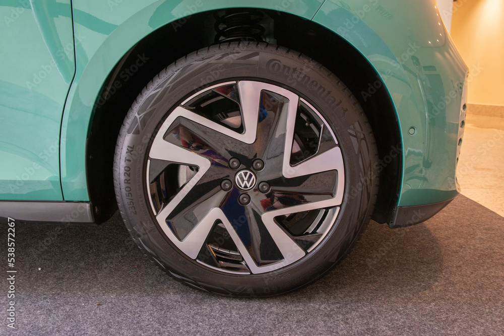 Side view of green and white VW ID Buzz - Electric VW Bulli minivan ...
