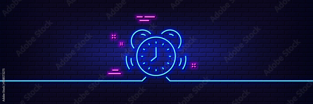 Neon light glow effect. Time management line icon. Alarm clock sign ...