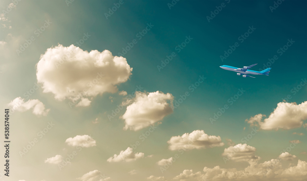 Commercial airplane flying against blue dramatic cloudscape sky. Jet ...