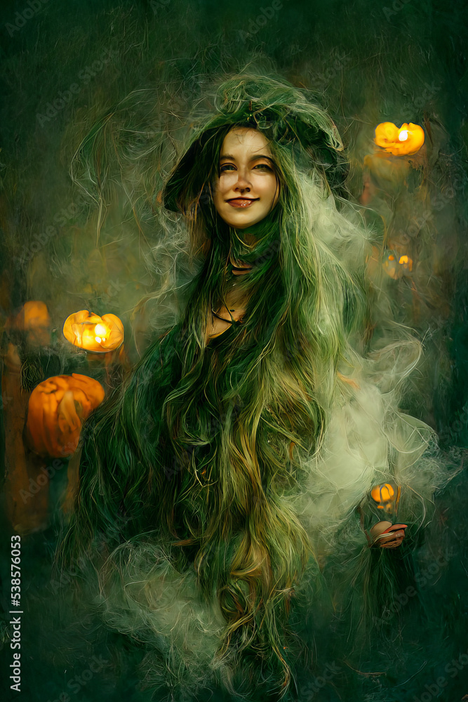 A beautiful young green witch in halloween festive mood with long foggy ...
