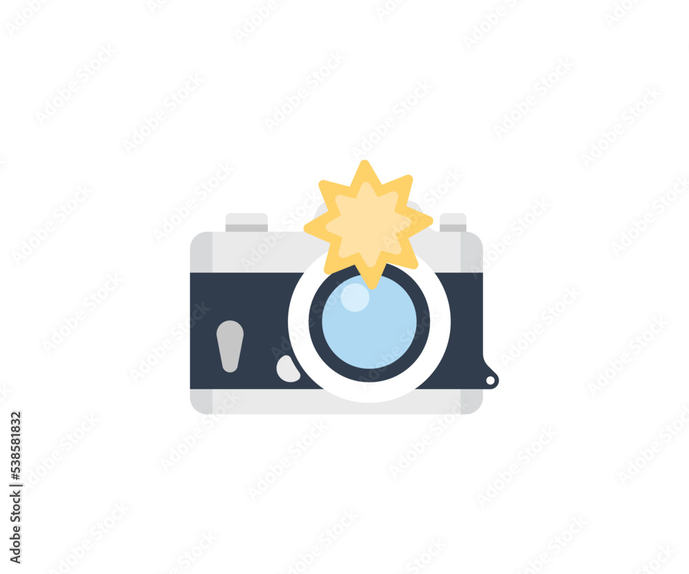 Camera with flash light vector isolated icon. Photo camera emoji ...