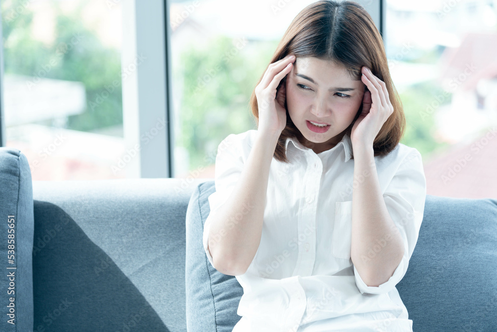 Stress asian women headache have migraine feeling temples stressfull ...