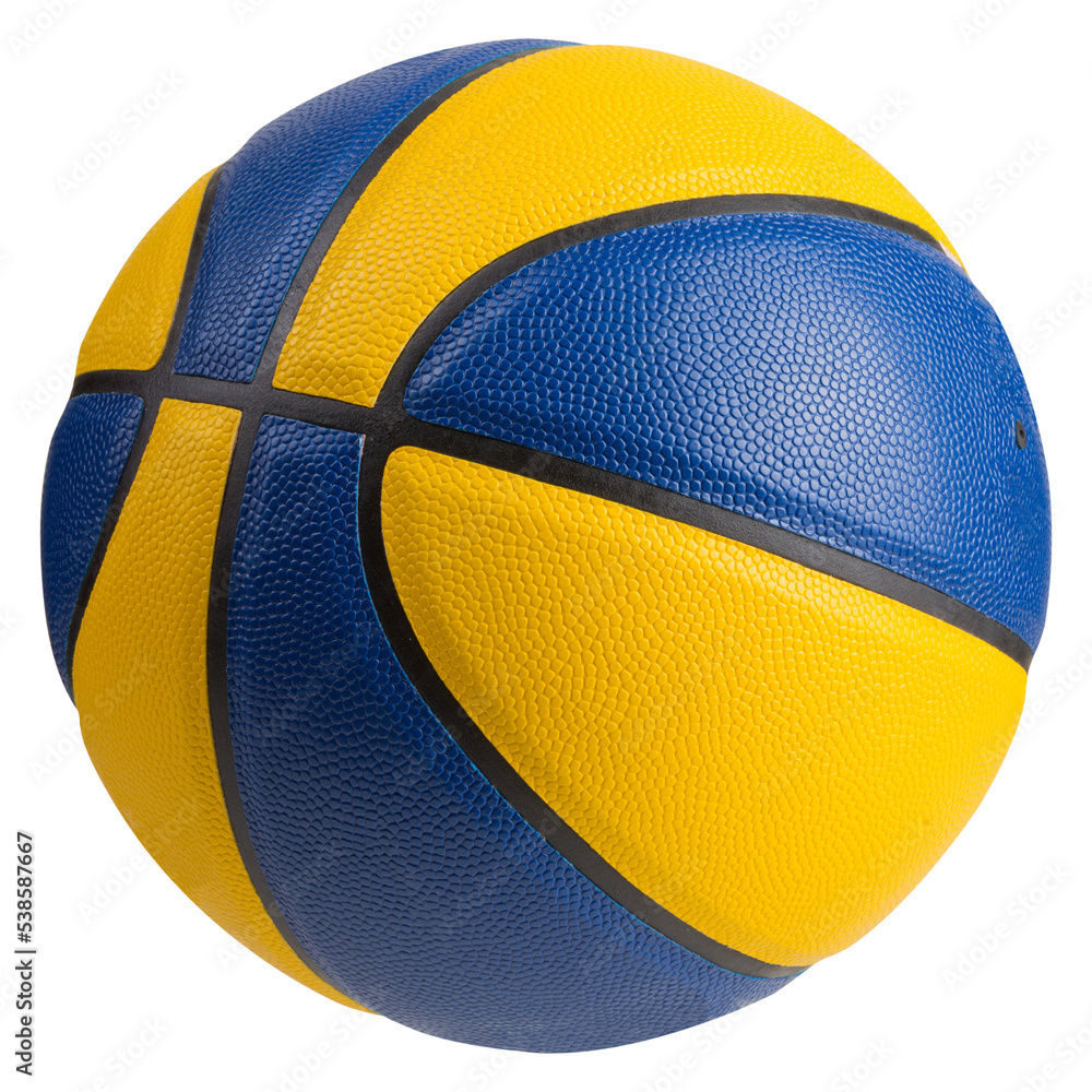 Basketball ball with yellow and blue coloring, on a white background ...