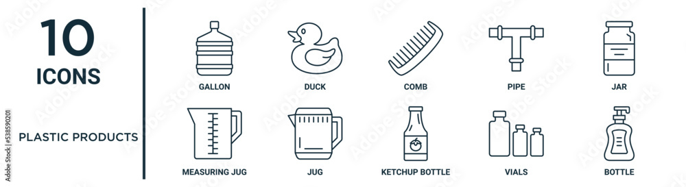 plastic products outline icon set includes thin line gallon, comb, jar ...