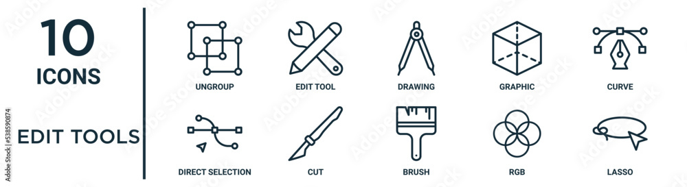 edit tools outline icon set includes thin line ungroup, drawing, curve ...