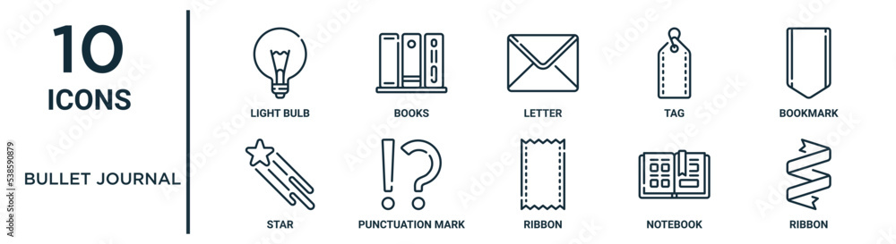 bullet journal outline icon set includes thin line light bulb, letter ...