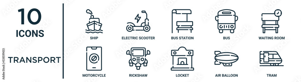 transport outline icon set includes thin line ship, bus station ...
