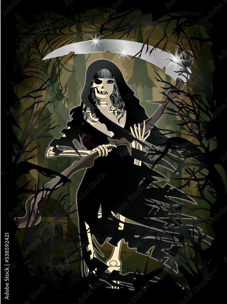Lady Grim Reaper in black forest, halloween vip card vector ...