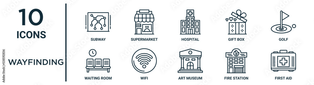 Vetor do Stock: wayfinding outline icon set includes thin line subway ...
