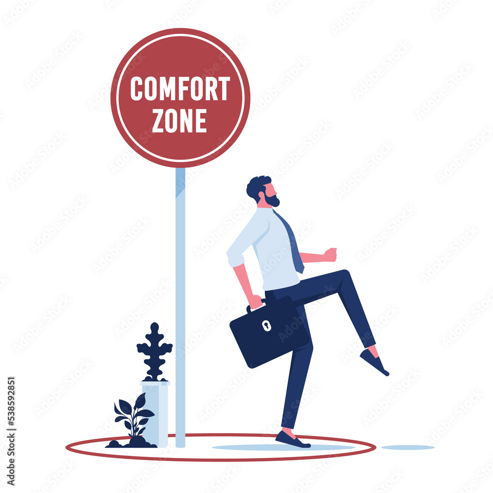Exit from the comfort zone concept, businessman carefully stepping out ...