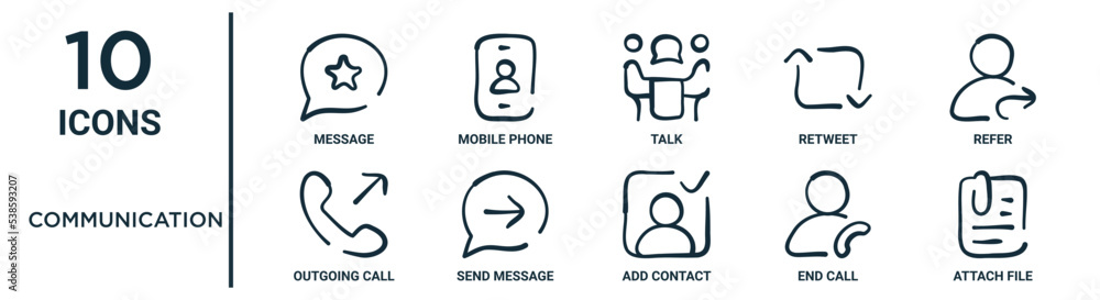 communication outline icon set includes thin line message, talk, refer ...