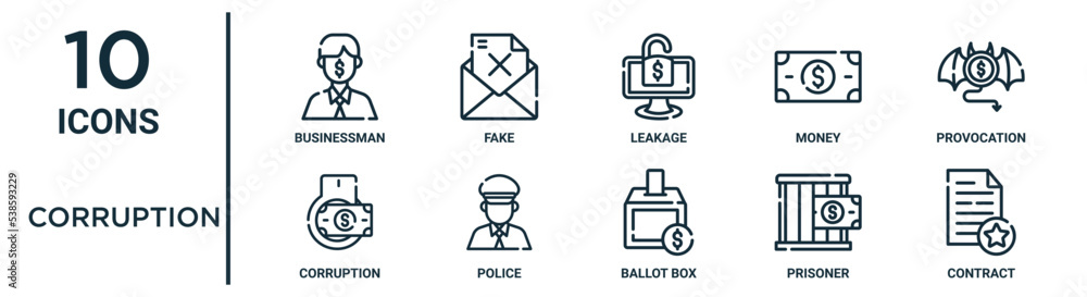 corruption outline icon set includes thin line businessman, leakage ...